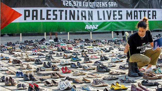 4,500 pairs of shoes displayed near EU building over Palestinian deaths ...