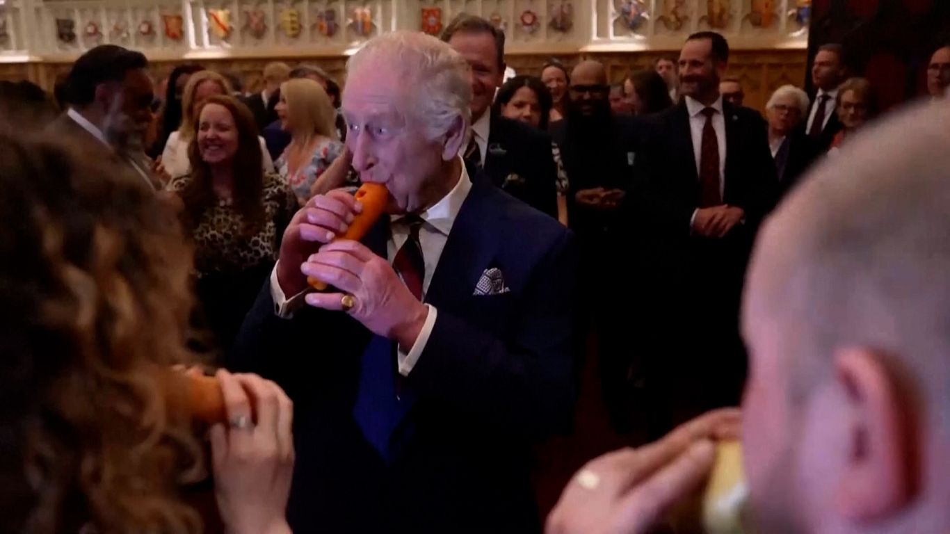 Video. King Charles plays carrot recorder with London Vegetable ...
