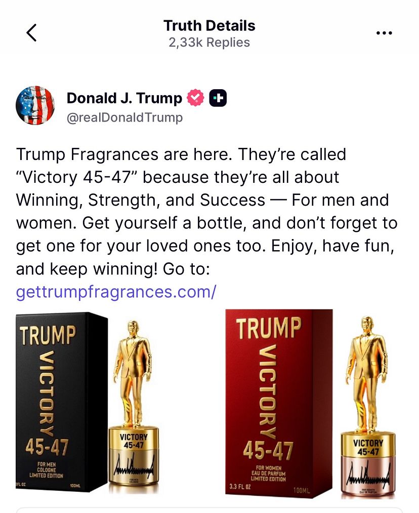 Trump lancia un nuovo profumo: "Victory 45 e 47" per i "patrioti" come ...